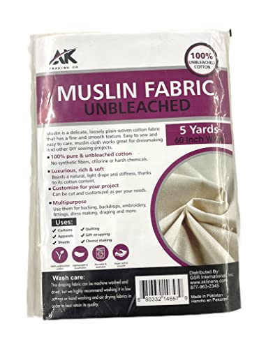 AK TRADING CO. AK Trading 60" Wide Natural Muslin, 100% Cotton Fabric, Unbleached-5 Yards