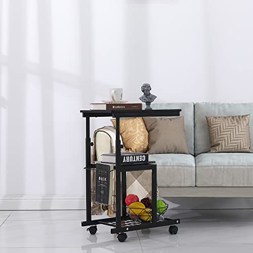DAYTOYS C Shaped End Table-Movable Sofa Table with Metal Frames-Height Adjustable Sofa Tables with Storage Basket for Living Room, Bedroom, Bedside (Black)