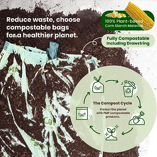 FMP Brands 100 Count 8 Gallon Compostable Drawstring Trash Bags, Extra Thick 1 Mil, Leak-Proof Kitchen Bag, 100% Compost Garbage Bag for Home Office Bathroom, BPI, ASTM D6400, OK Compost Certified