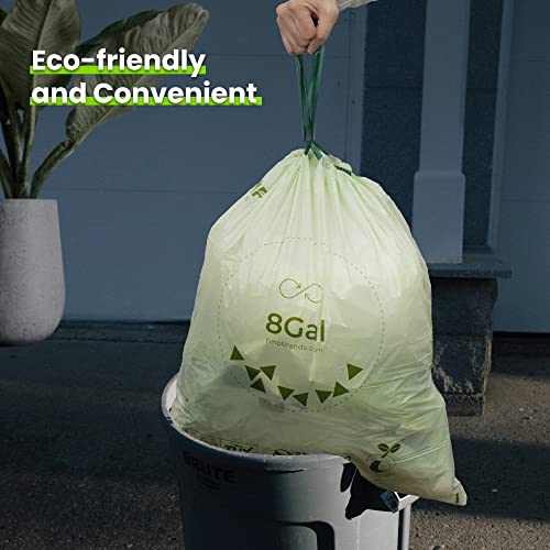 FMP Brands 100 Count 8 Gallon Compostable Drawstring Trash Bags, Extra Thick 1 Mil, Leak-Proof Kitchen Bag, 100% Compost Garbage Bag for Home Office Bathroom, BPI, ASTM D6400, OK Compost Certified
