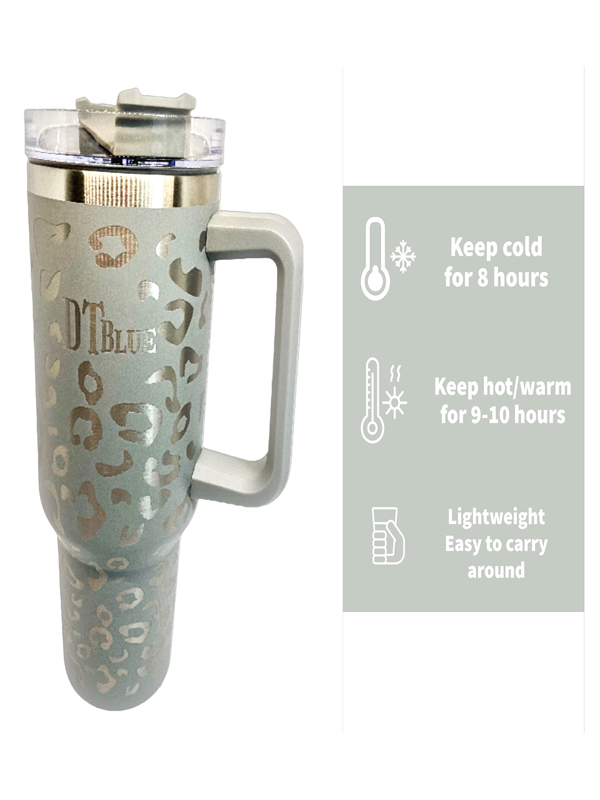 DTBlue 40 oz Leopard Tumbler with Handle and Straw With Lid Stainless Steel Double-Walled Leopard Print, Leak Proof Lid Inslated Cupoffee Cup (Grey)