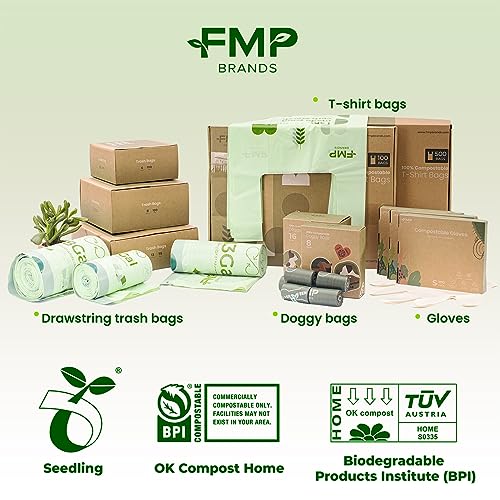 FMP Brands 100 Count 8 Gallon Compostable Drawstring Trash Bags, Extra Thick 1 Mil, Leak-Proof Kitchen Bag, 100% Compost Garbage Bag for Home Office Bathroom, BPI, ASTM D6400, OK Compost Certified