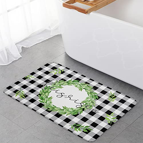 Easter Indoor Doormat Low Pile Welcome Mat - 18 x 30 Inches Spring Green Leaf Wreath Black White Buffalo Plaid - Sponge Rounded Corners Shoes Scraper Rugs for Entrance Bathroom