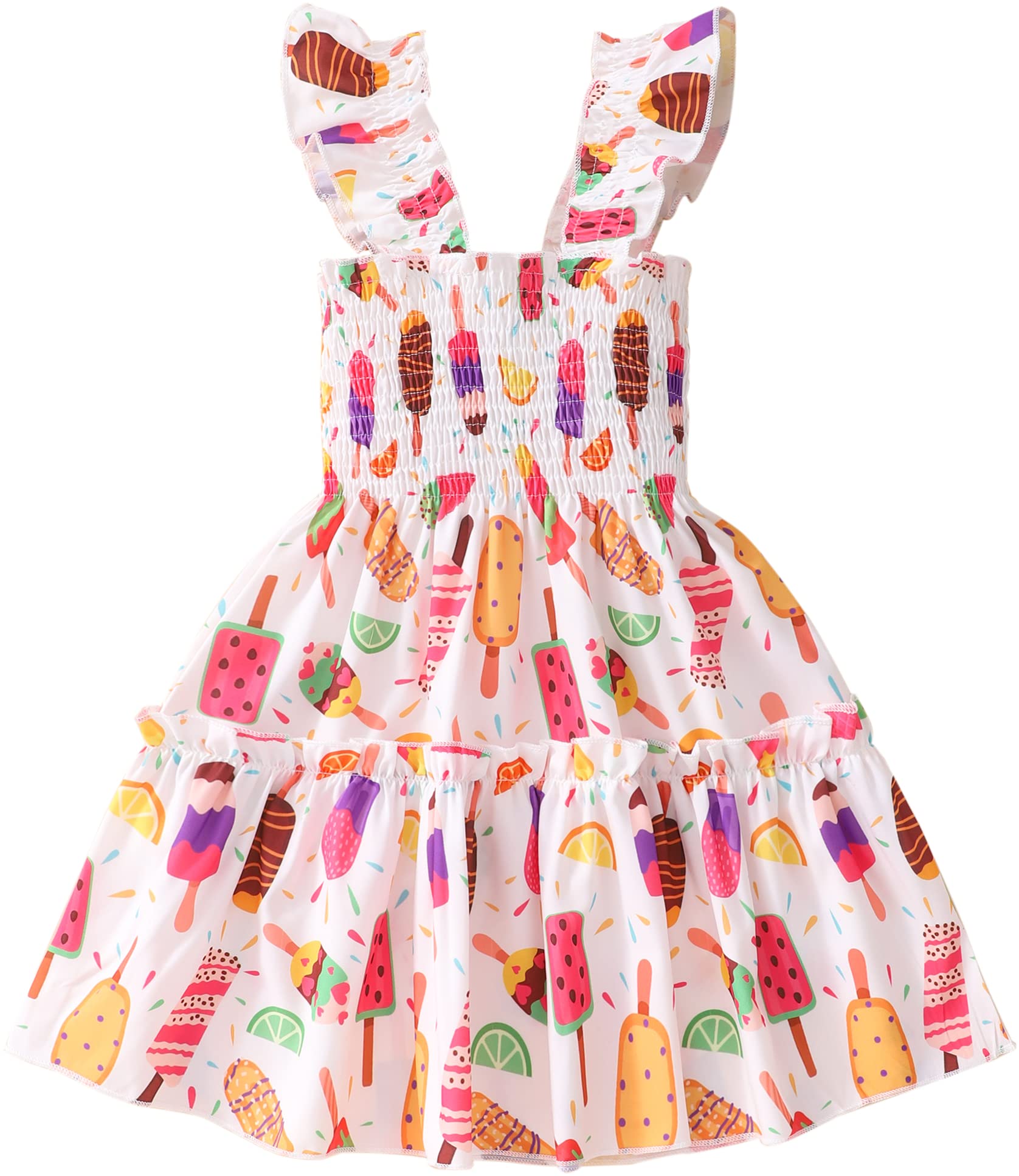 Girls Ice Cream Dress Sleeveless Toddler Summer Outfit Beach Tiered Smocked Sundress Kids Ruffle Dresses 6-7 Years