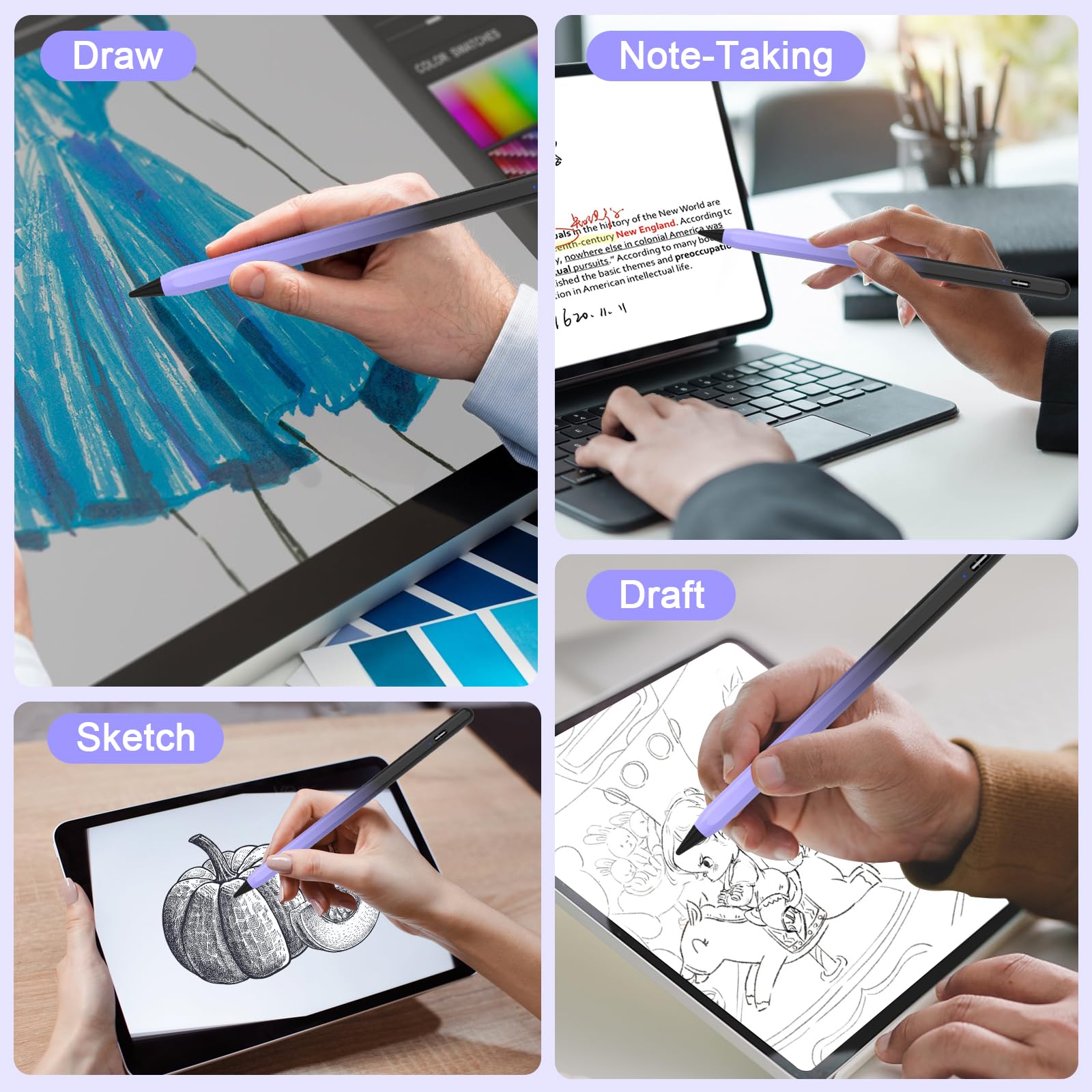 Stylus Pen for iPad 2018-2023, 15mins Fast Charge Apple Pencil for iPad 9th&10th Generation, Apple iPad Pro 11&12.9", iPad 8/7/6th Gen, iPad Air 3rd/4/5th Gen, iPad Mini 5/6th Gen (Black Purple)