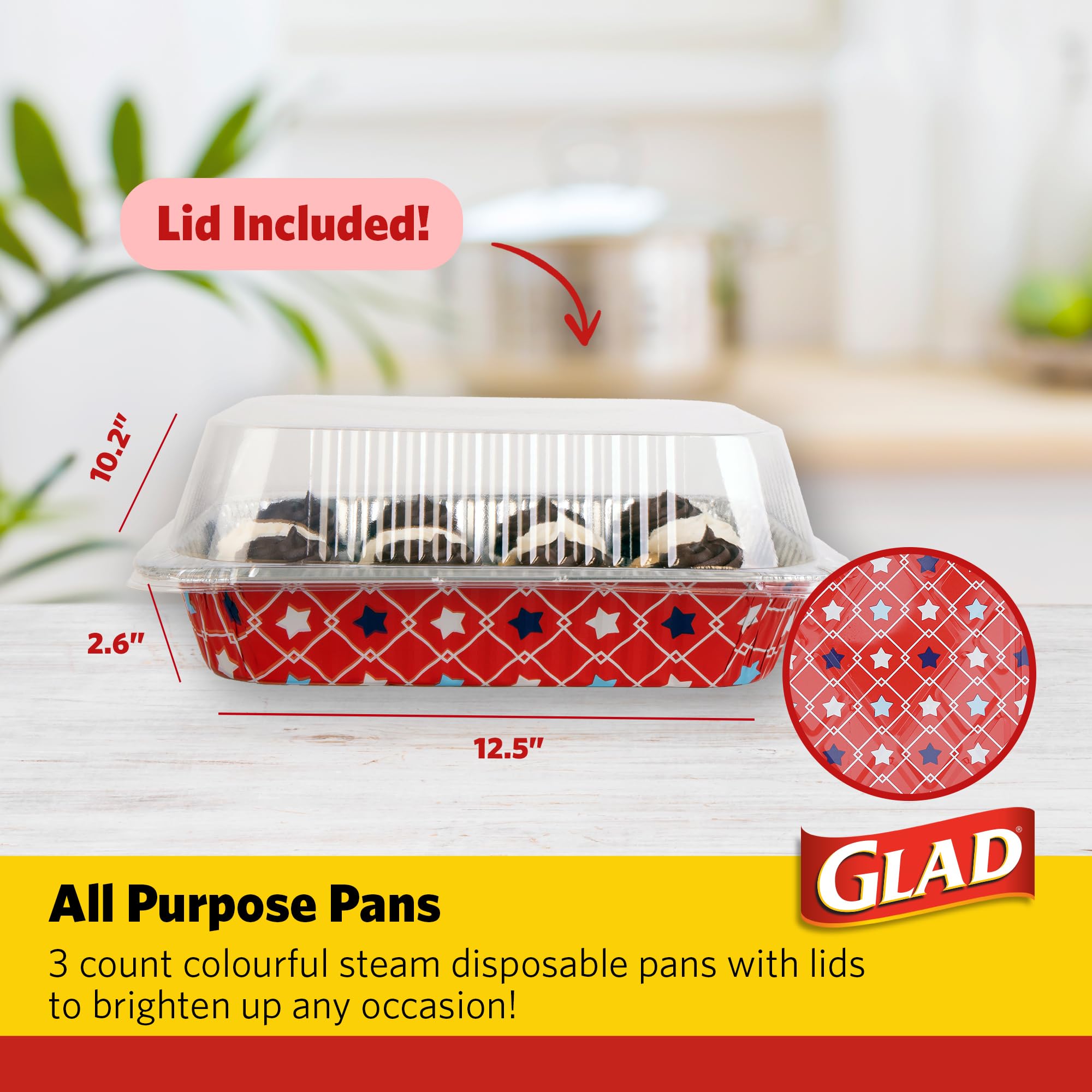 Glad Disposable Aluminum All Purpose Pans in Red, White & Blue Stars, 3ct with Lids - Printed Colorful Foil Steam Pans - 12.5β x 10.2β x 2.16β Aluminum Pan - Disposable Steamware
