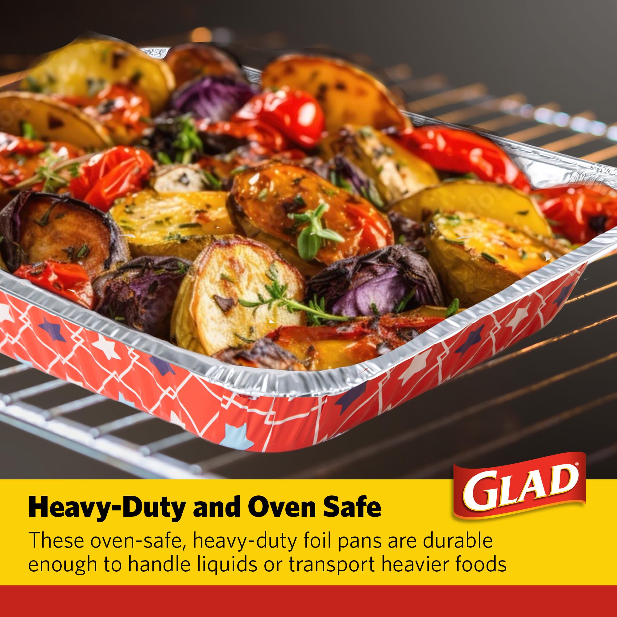 Glad Disposable Aluminum All Purpose Pans in Red, White & Blue Stars, 3ct with Lids - Printed Colorful Foil Steam Pans - 12.5β x 10.2β x 2.16β Aluminum Pan - Disposable Steamware