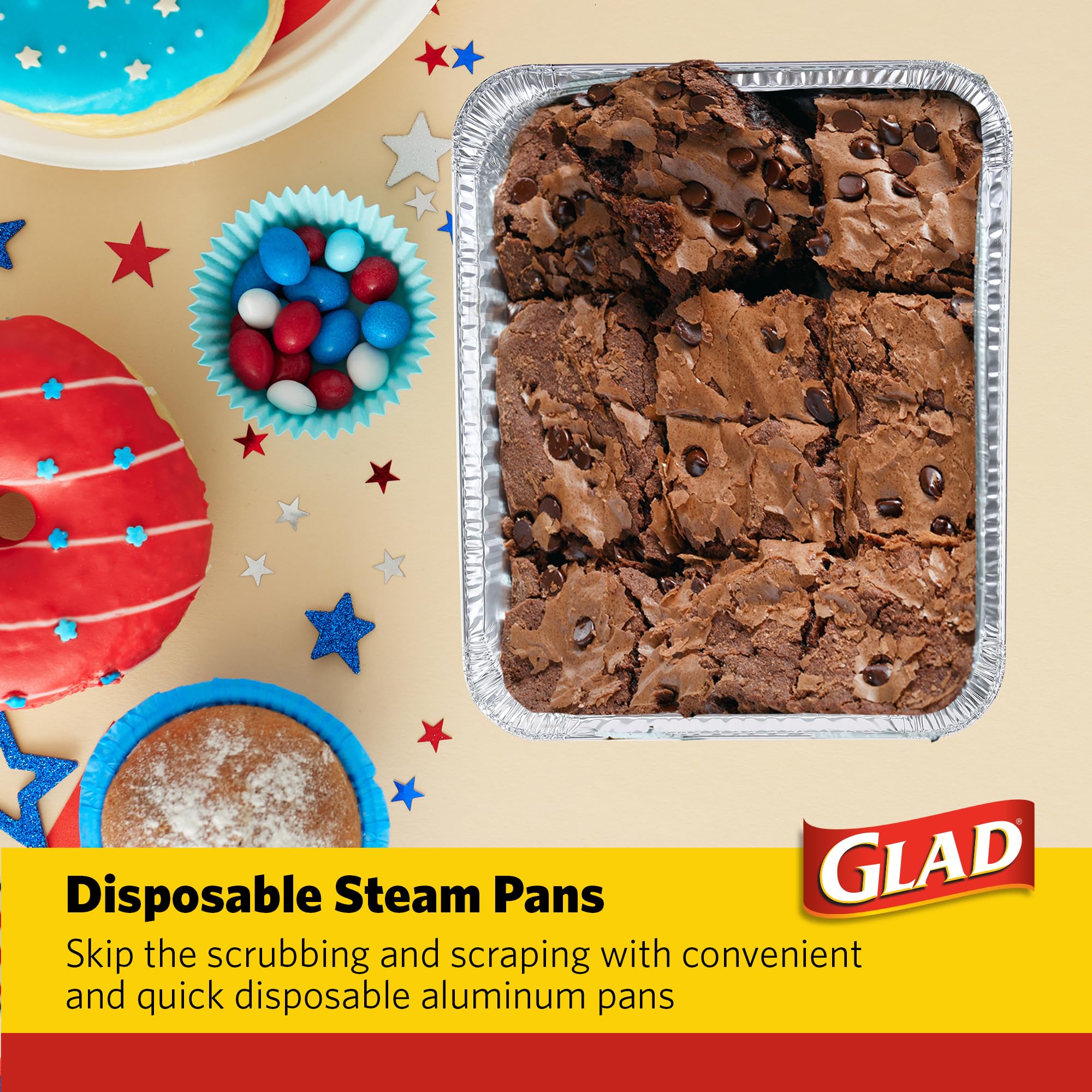Glad Disposable Aluminum All Purpose Pans in Red, White & Blue Stars, 3ct with Lids - Printed Colorful Foil Steam Pans - 12.5β x 10.2β x 2.16β Aluminum Pan - Disposable Steamware