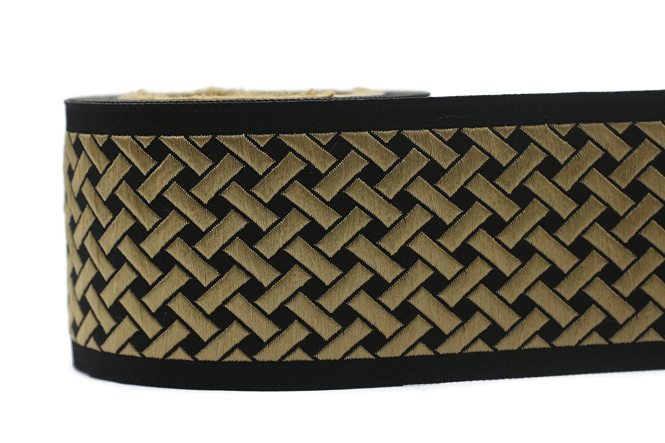 3.8 Yards Spool 2.7" Gold & Black Knot Embroidered Drapery Trim Jacquard Ribbon for Your Drapes Curtains Drapery Banding Trim Tape V7 179
