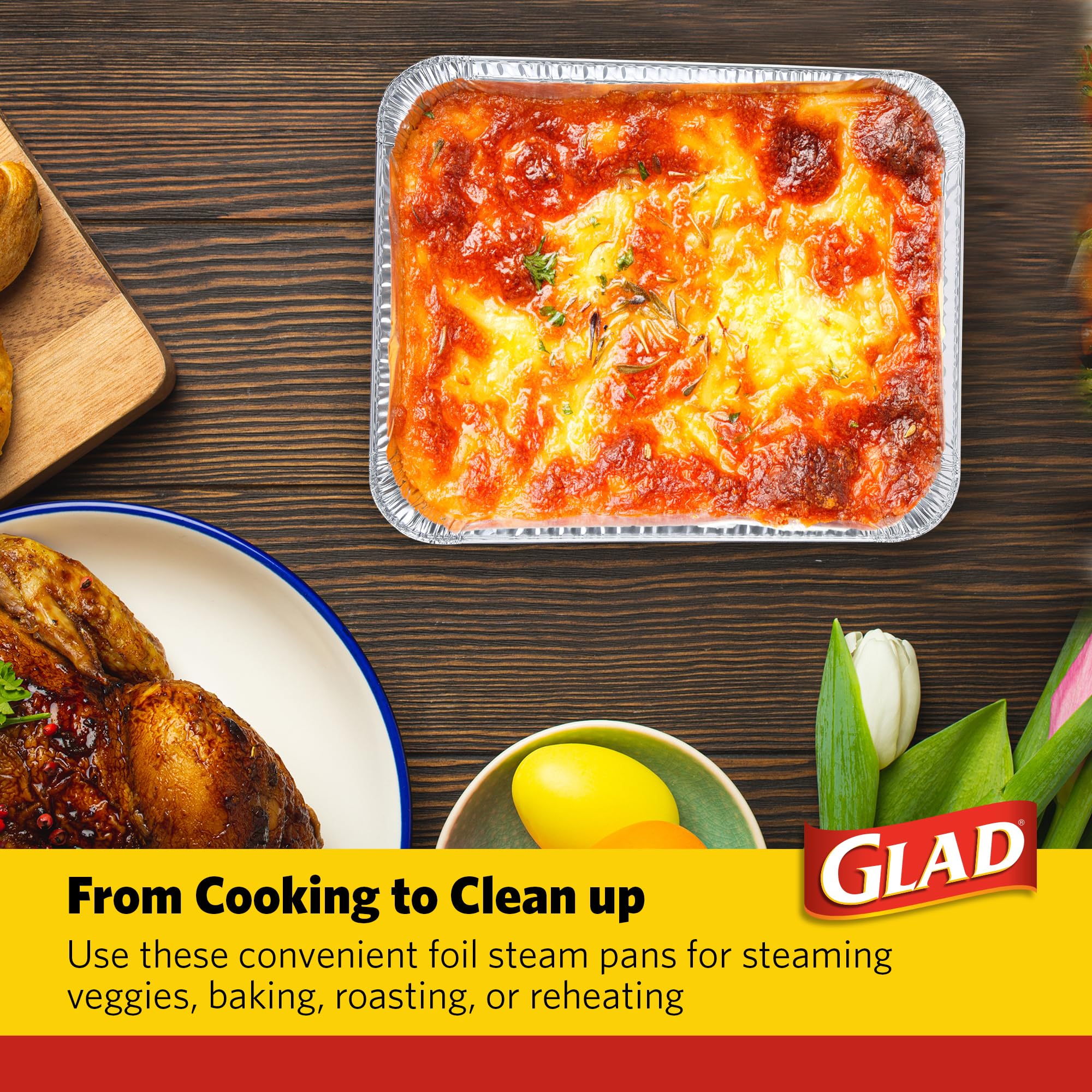 Glad Disposable Aluminum All Purpose Pans in Red, White & Blue Stars, 3ct with Lids - Printed Colorful Foil Steam Pans - 12.5β x 10.2β x 2.16β Aluminum Pan - Disposable Steamware