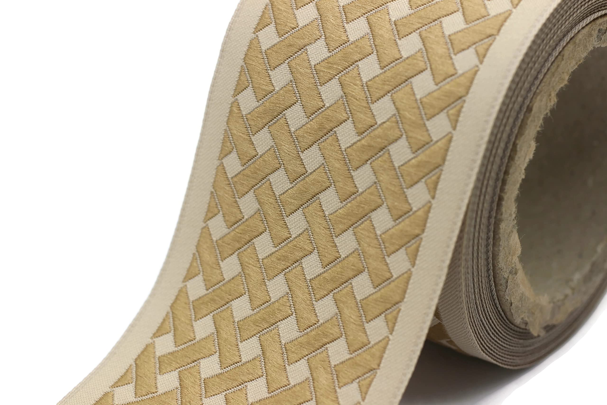 3.8 Yards Spool 2.7" Gold & Cream Knot Embroidered Drapery Trim Jacquard Ribbon for Your Drapes Curtains Drapery Banding Trim Tape V6 179