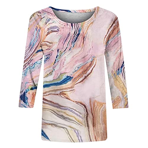 Running Tank Tops for Women 3/4 Sleeve Tops Cute Trendy 2023 Spring Shirts Graphic Tees Casual Regular Fit Crewneck Marble Print Blouse