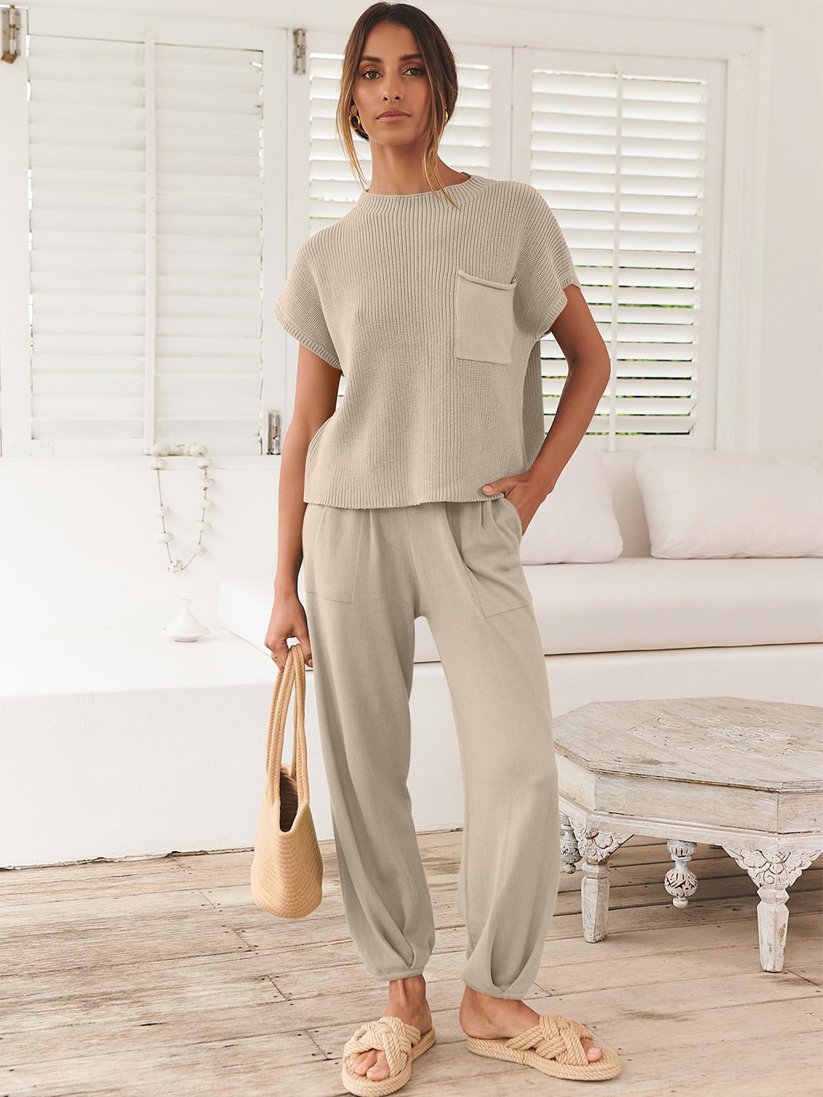 ANRABESS Women's Two Piece Outfits Knit Sweater Vest Crop Top Pants Lounge Matching Tracksuit Sweatsuit Travel Clothes Sets Khaki Small