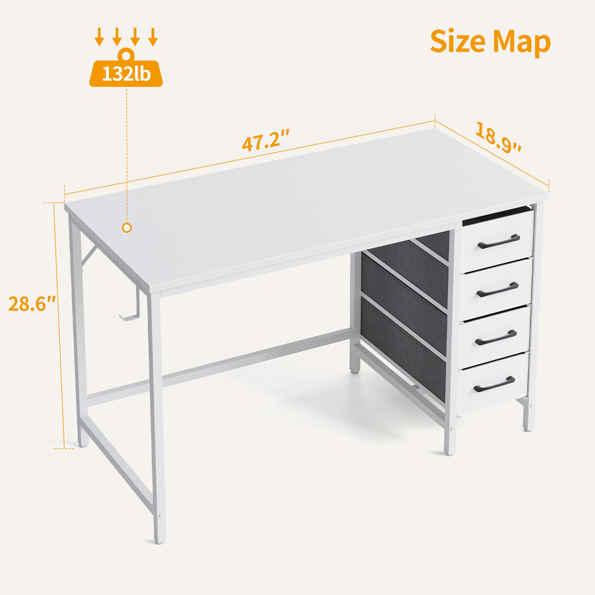 CubiCubi 47 Inch Computer Reversible Desk with 4 Storage Drawers, Small Home Office Kids Student Writing Study Work Table for Bedroom, White
