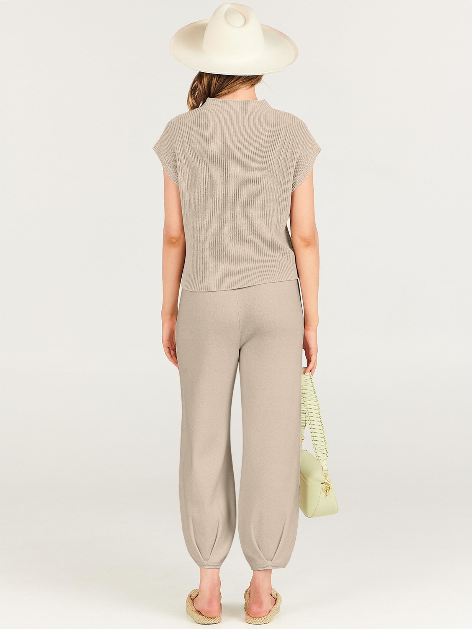 ANRABESS Women's Two Piece Outfits Knit Sweater Vest Crop Top Pants Lounge Matching Tracksuit Sweatsuit Travel Clothes Sets Khaki Small