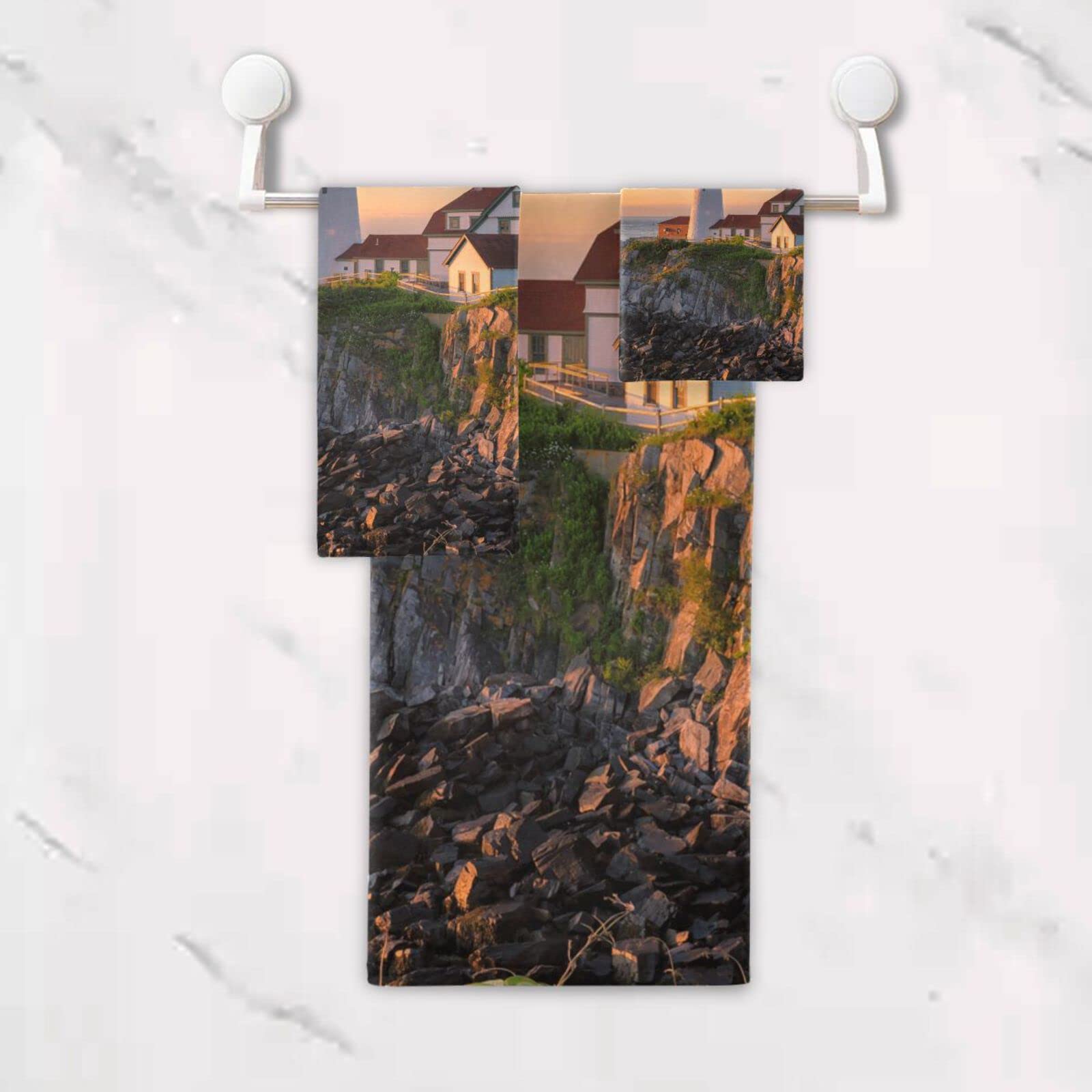 Kigai Lighthouse Bath Towel Set of 3, Absorbent Soft Bathroom Towel with Hand Towel & Washcloth for Hotel, Beach, Gym and Spa