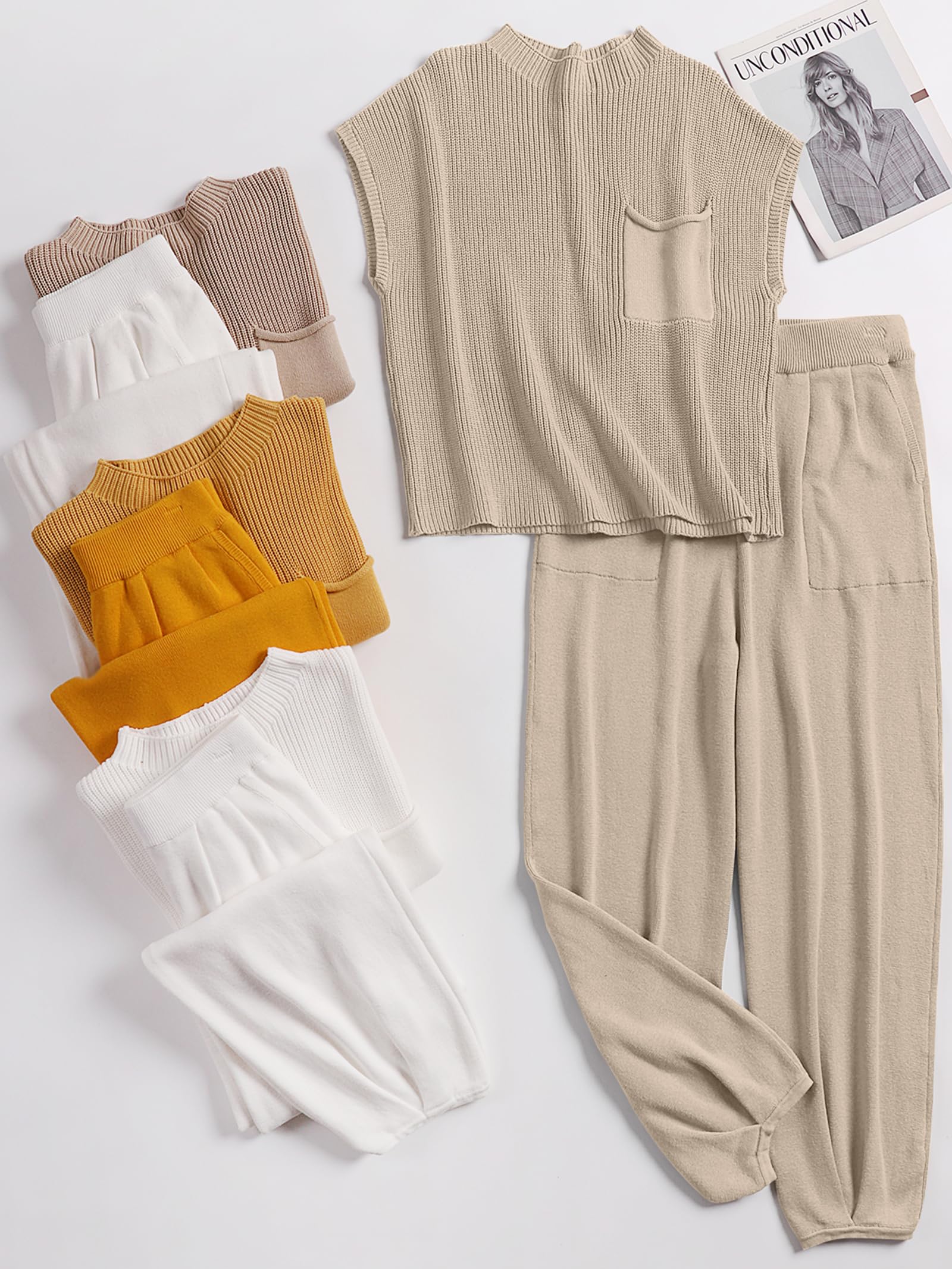 ANRABESS Women's Two Piece Outfits Knit Sweater Vest Crop Top Pants Lounge Matching Tracksuit Sweatsuit Travel Clothes Sets Khaki Small