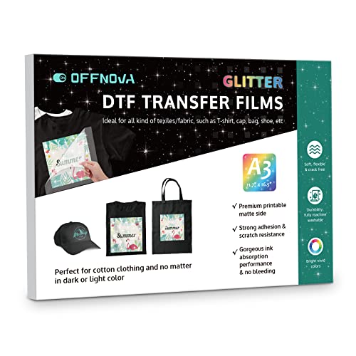 OFFNOVA Glitter DTF Transfer Film, 11.7" x 16.5"- 30 Sheets A3 PET Heat Transfer Paper Direct to Film Printing for All Fabrics and Color T-Shirts Textile