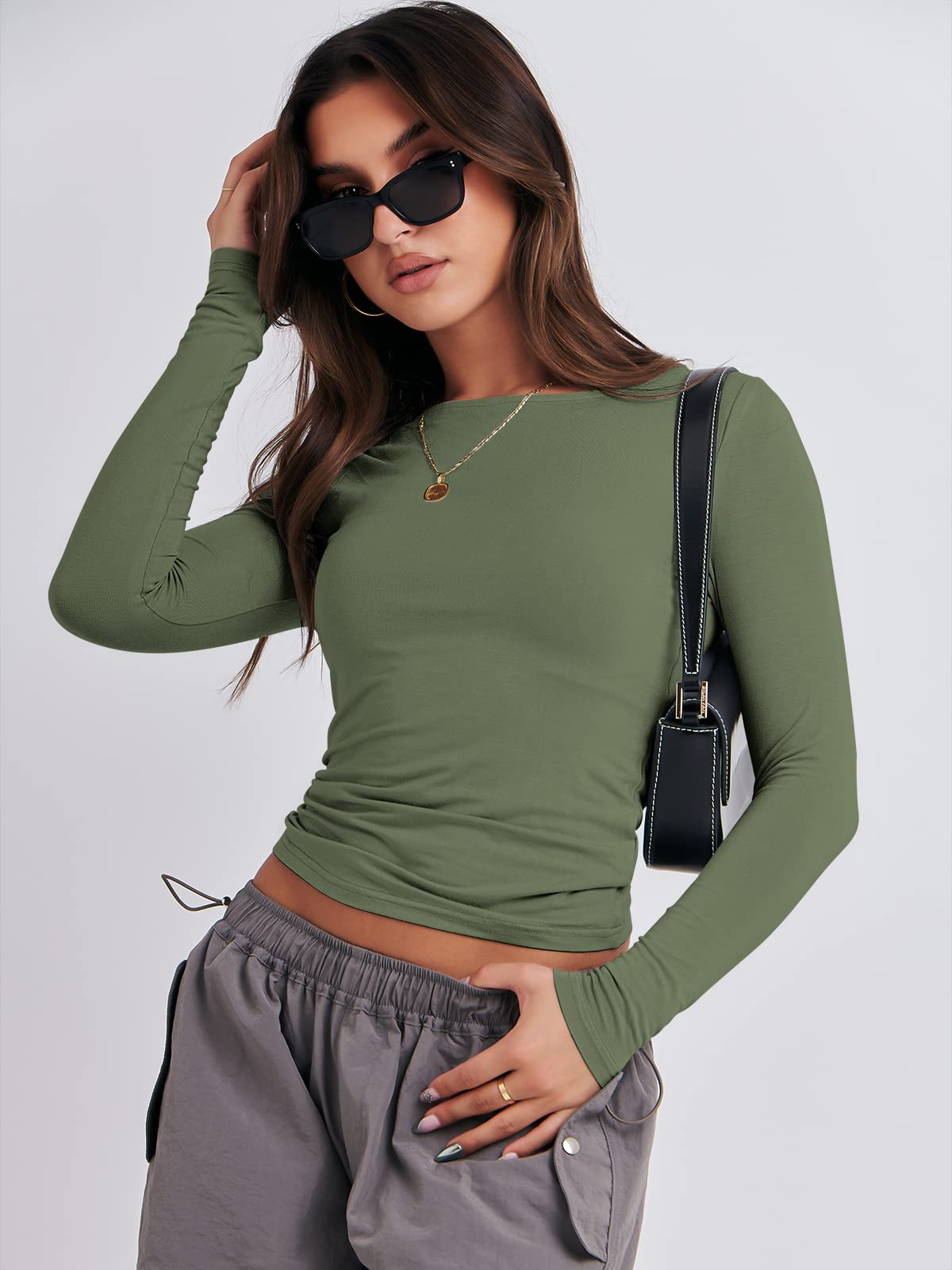 ANRABESS Women’s Long Sleeve Shirts Tight Fitted Going Out Crop Tops Crewneck Basic Tee Y2k Outfits Teens Girls Clothes Army Green S