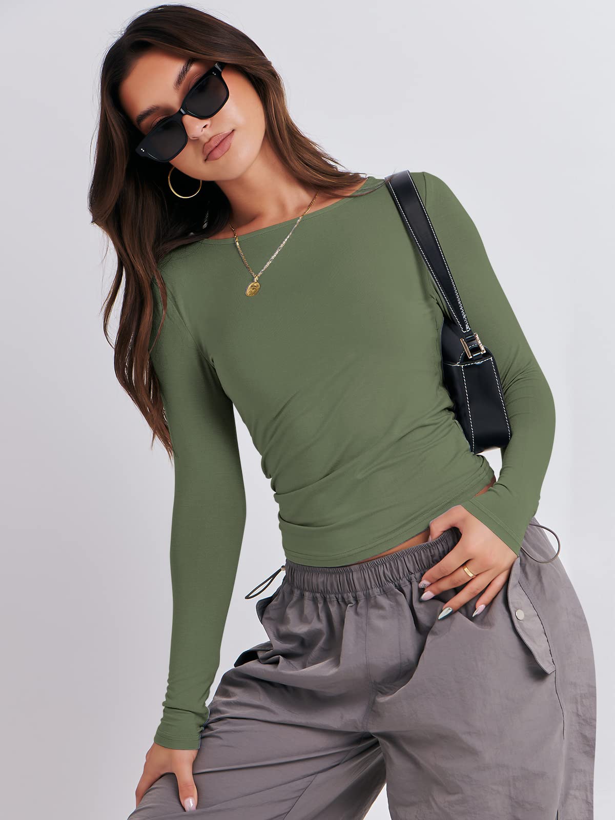 ANRABESS Women’s Long Sleeve Shirts Tight Fitted Going Out Crop Tops Crewneck Basic Tee Y2k Outfits Teens Girls Clothes Army Green S