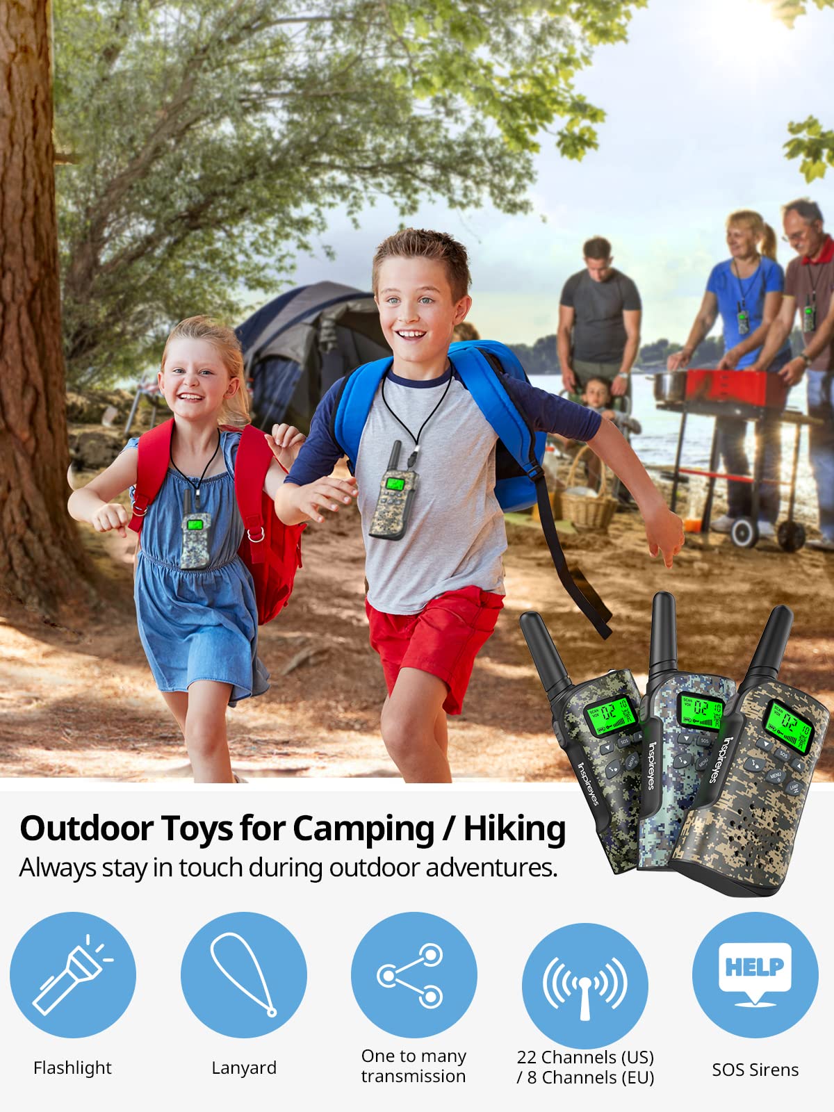Inspireyes Walkie Talkies for Kids Rechargeable, Easter Basket Essentials Stuffers, Long Range 2 Way Radio, Outdoor Camping Games Toy Birthday Xmas Gift for Boys Age 8-12 3-5, 3 Pack Camo