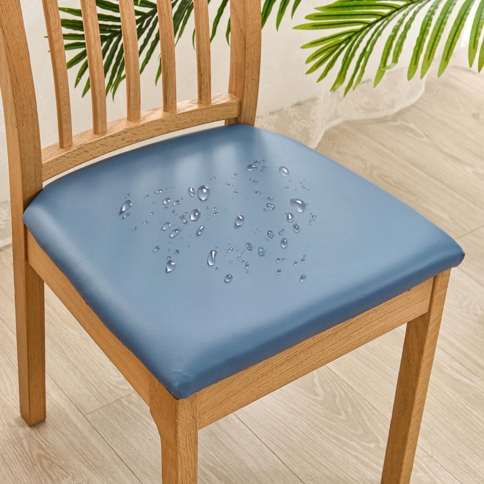 SearchI Waterproof PU Leather Seat Covers for Dining Chairs, 4 Pack Stretch Dining Room Chair Seat Covers, Kitchen Chair Seat Covers Protectors (Blue)
