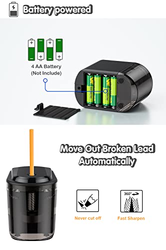 Electric Pencil Sharpener RIYO Heavy-Duty Helical Blade Auto Pencil Sharpener with Battery Operated for No.2(6-8mm) Pencils and Colored Pencils in School/Office/Home,Black(Not Included AC Adapter)