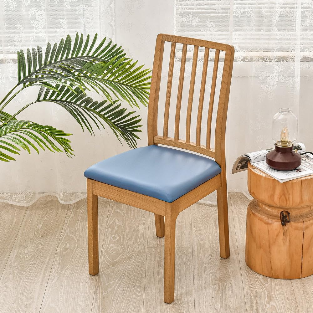 SearchI Waterproof PU Leather Seat Covers for Dining Chairs, 4 Pack Stretch Dining Room Chair Seat Covers, Kitchen Chair Seat Covers Protectors (Blue)