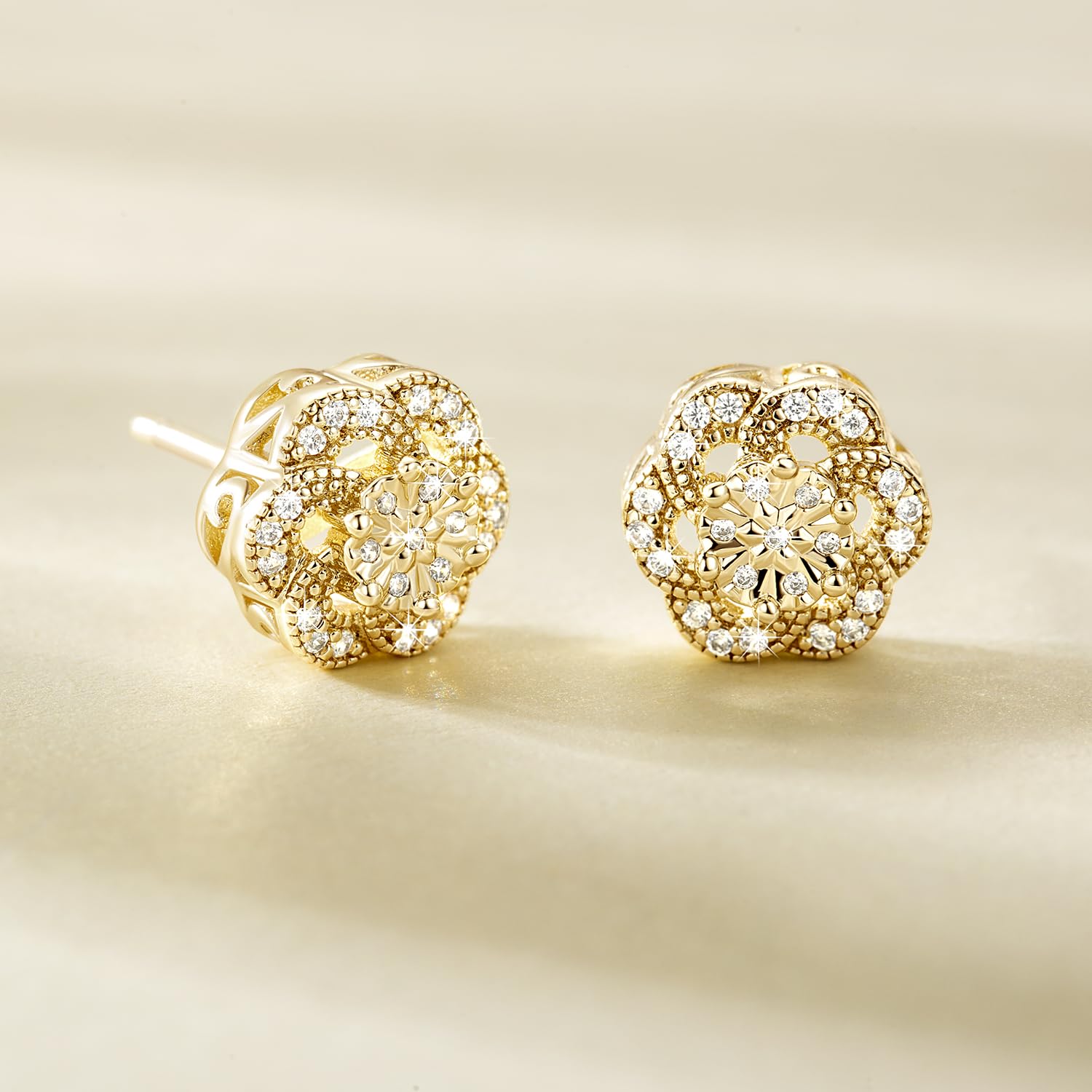 GLOSOLE Gold Stud Earrings for women Trendy, Flower-shaped 14K Gold Earrings Studs Sparkling Zirconia 10mm