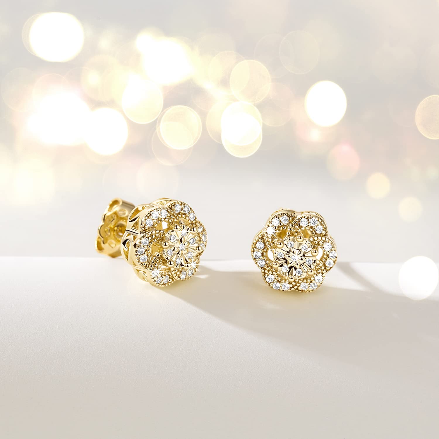 GLOSOLE Gold Stud Earrings for women Trendy, Flower-shaped 14K Gold Earrings Studs Sparkling Zirconia 10mm