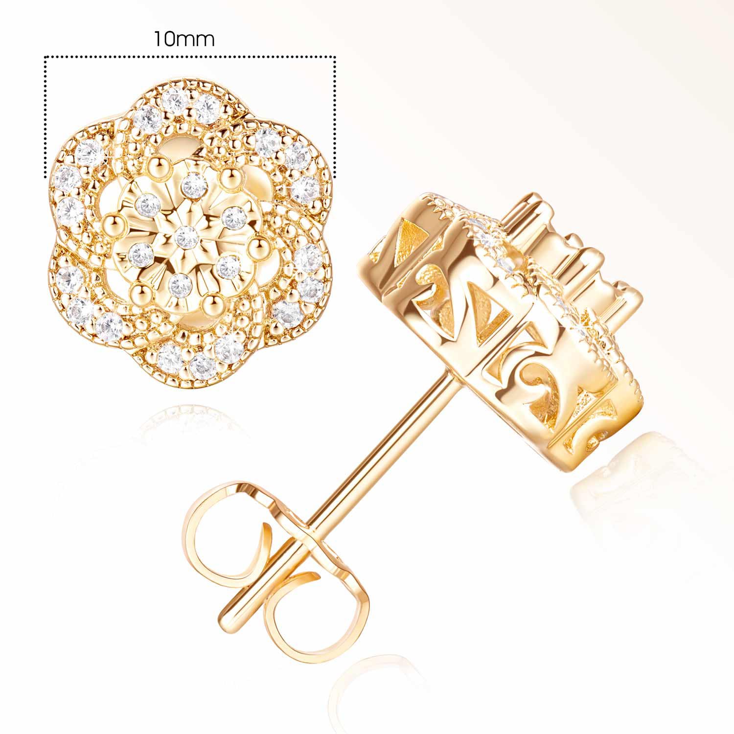GLOSOLE Gold Stud Earrings for women Trendy, Flower-shaped 14K Gold Earrings Studs Sparkling Zirconia 10mm
