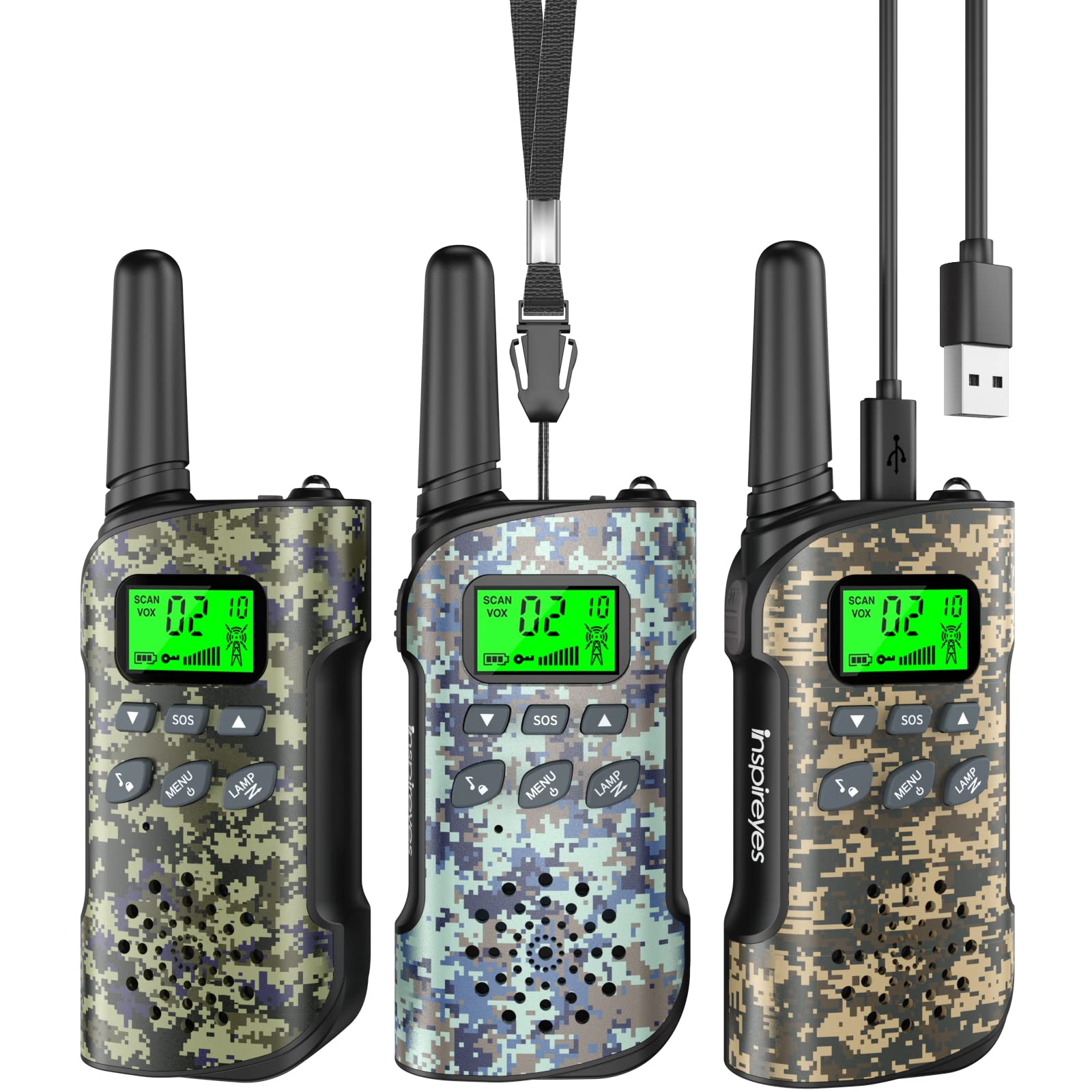 Inspireyes Walkie Talkies for Kids Rechargeable, Easter Basket Essentials Stuffers, Long Range 2 Way Radio, Outdoor Camping Games Toy Birthday Xmas Gift for Boys Age 8-12 3-5, 3 Pack Camo
