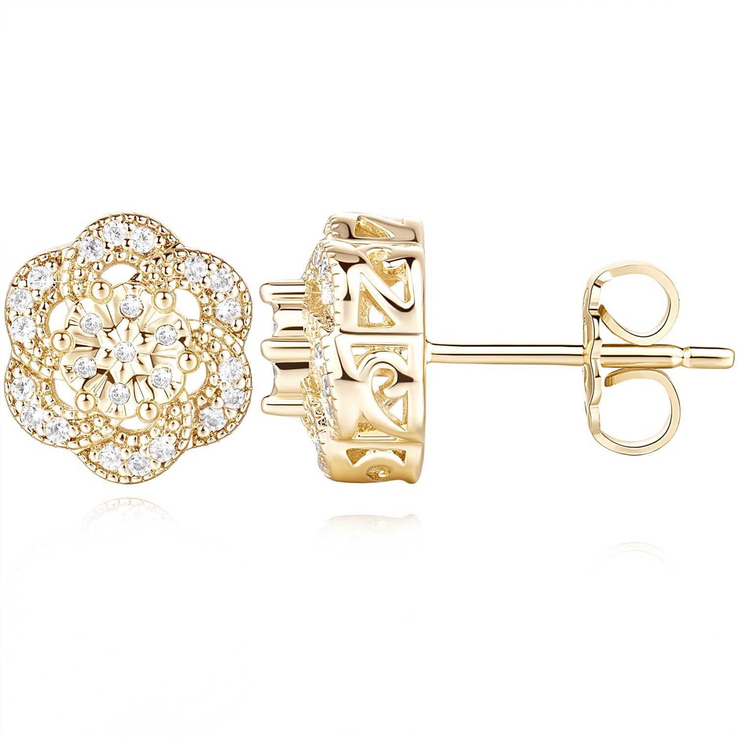 GLOSOLE Gold Stud Earrings for women Trendy, Flower-shaped 14K Gold Earrings Studs Sparkling Zirconia 10mm