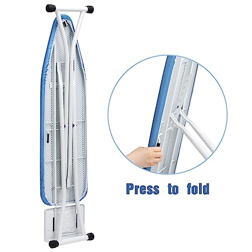 ALIMORDEN Space Saver Ironing Board 43" X 13" with Smart Hanger Adjustable Height 28"-35" Easy Storage, Heat Resistant Silicone Tray, Padded Top Blue