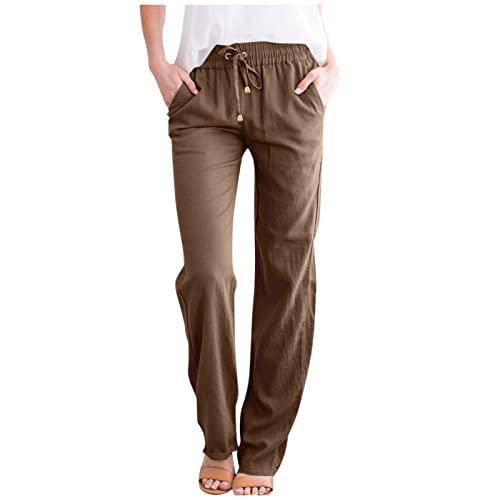 HRSTUYL White Beach Pants Women's Summer Pants White Crop Pants for Women Women Casual Cotton and Linen Solid Drawstring Elastic Waist Long Straight(Brown-1,S)