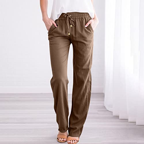 HRSTUYL White Beach Pants Women's Summer Pants White Crop Pants for Women Women Casual Cotton and Linen Solid Drawstring Elastic Waist Long Straight(Brown-1,S)