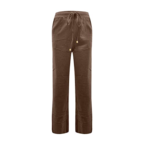 HRSTUYL White Beach Pants Women's Summer Pants White Crop Pants for Women Women Casual Cotton and Linen Solid Drawstring Elastic Waist Long Straight(Brown-1,S)