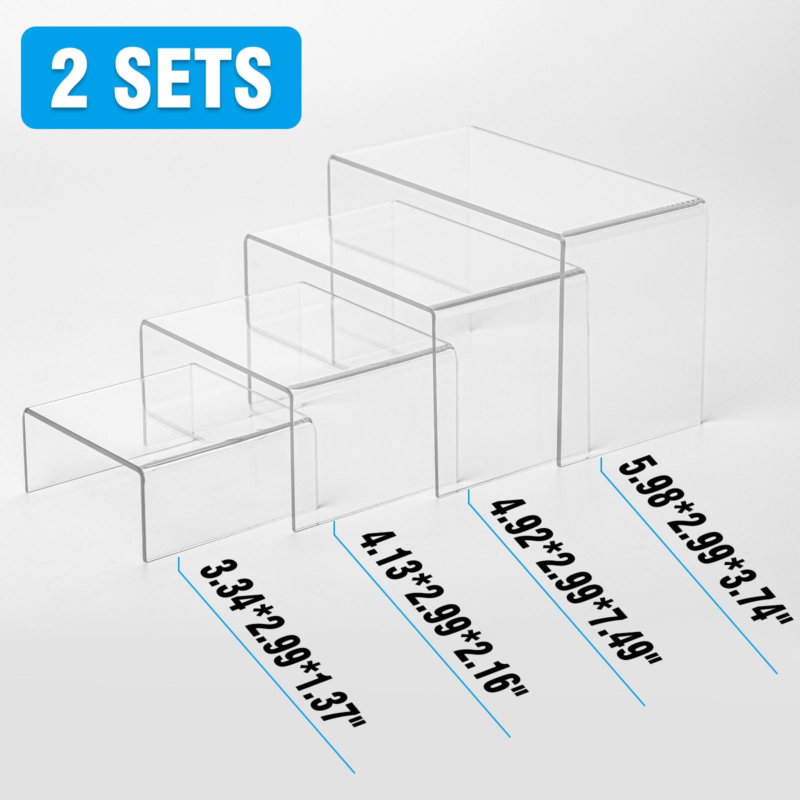 8 Pcs Acrylic Risers for Display, Square Clear Product Stand Shelf, Cupcake Candy Bar Stand for Dessert Table Decor, Desktop Showcase Collectibles Display Risers for Amiibo Funko POP Figures