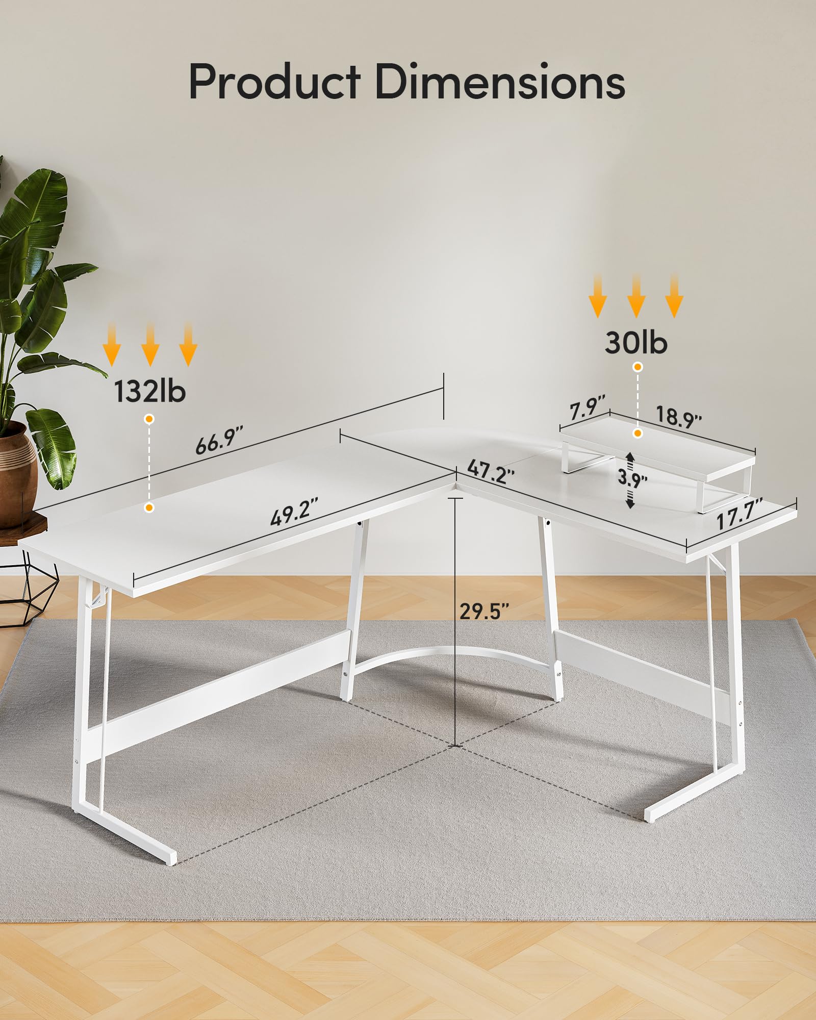 CubiCubi L Shaped Gaming Desk Computer Office Desk, 67 inch Corner Desk with Large Monitor Stand for Home Office Study Writing Workstation, White