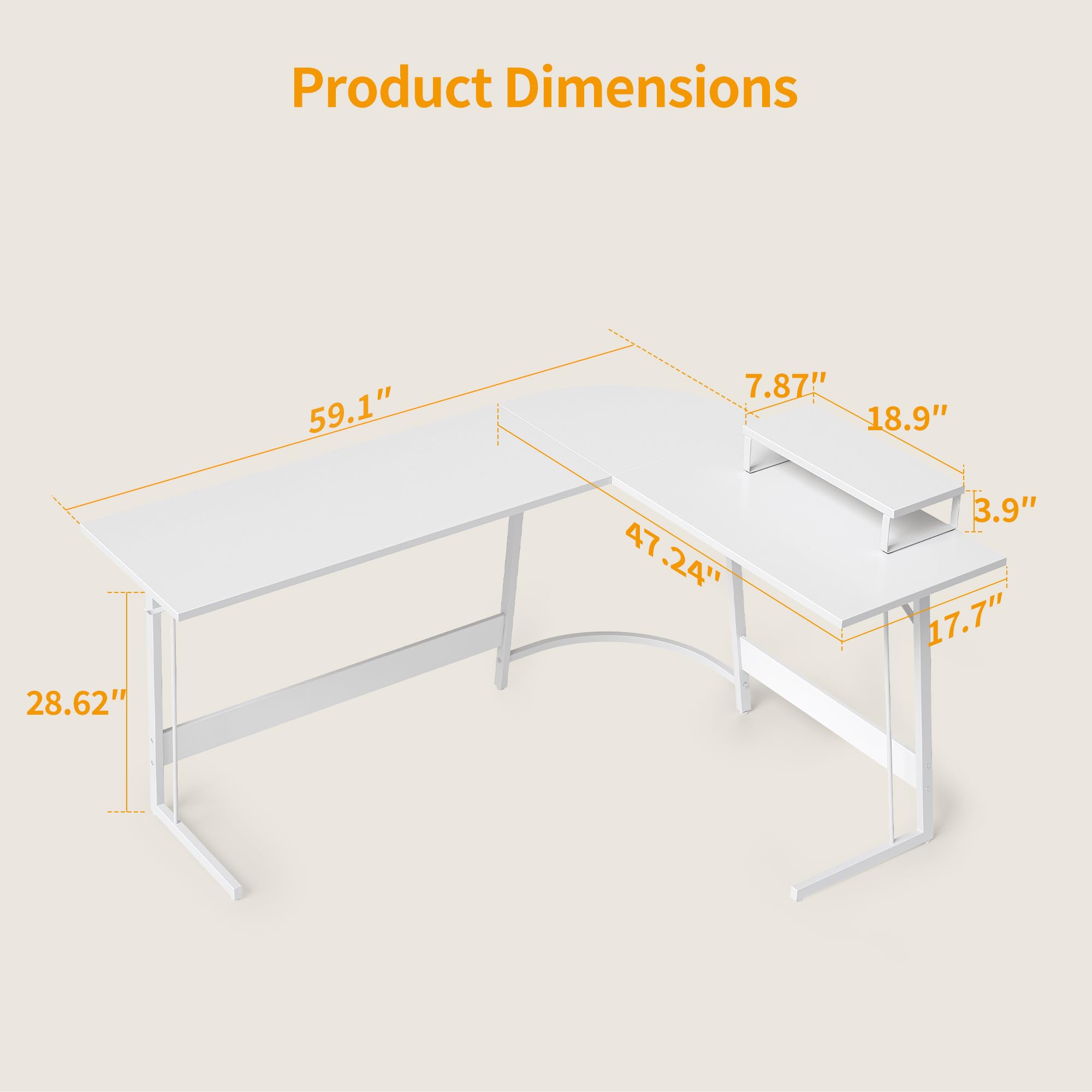 CubiCubi L Shaped Gaming Desk Computer Office Desk, 59 inch Corner Desk with Large Monitor Stand for Home Office Study Writing Workstation, White