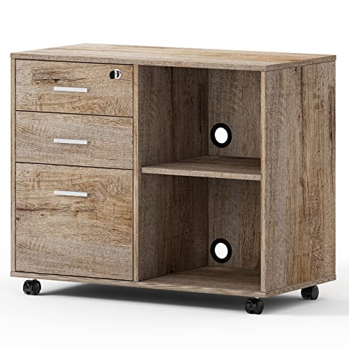Maxtown Wood Filing Cabinet, Mobile Lateral Filing Cabinet with Lock, 3 Drawer Filing Cabinet with Open Storage Shelves, Printer Stand for Home Office, Walnut