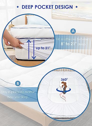QUEEN ROSE Mattress Topper Full, Extra Thick Mattress Pad Topper, Pillow Top Soft Mattress Bed Topper Cover with 8-21” Deep Pocket, Overfilled Down Alternative, Plush for Back Pain Relief, White
