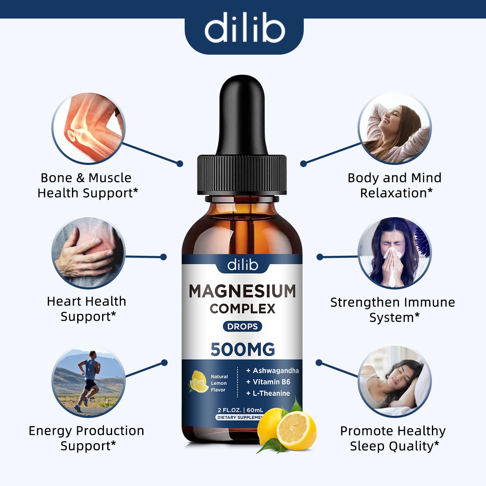 Magnesium Glycinate Liquid Drops, Triple Magnesium Complex Supplement with Citrate, Malate 500mg Ashwagandha, L-Theanine, Vitamin B6 for Sleep, Calm, Stress Relief, Bone, Muscle, Mood - Lemon Flavor