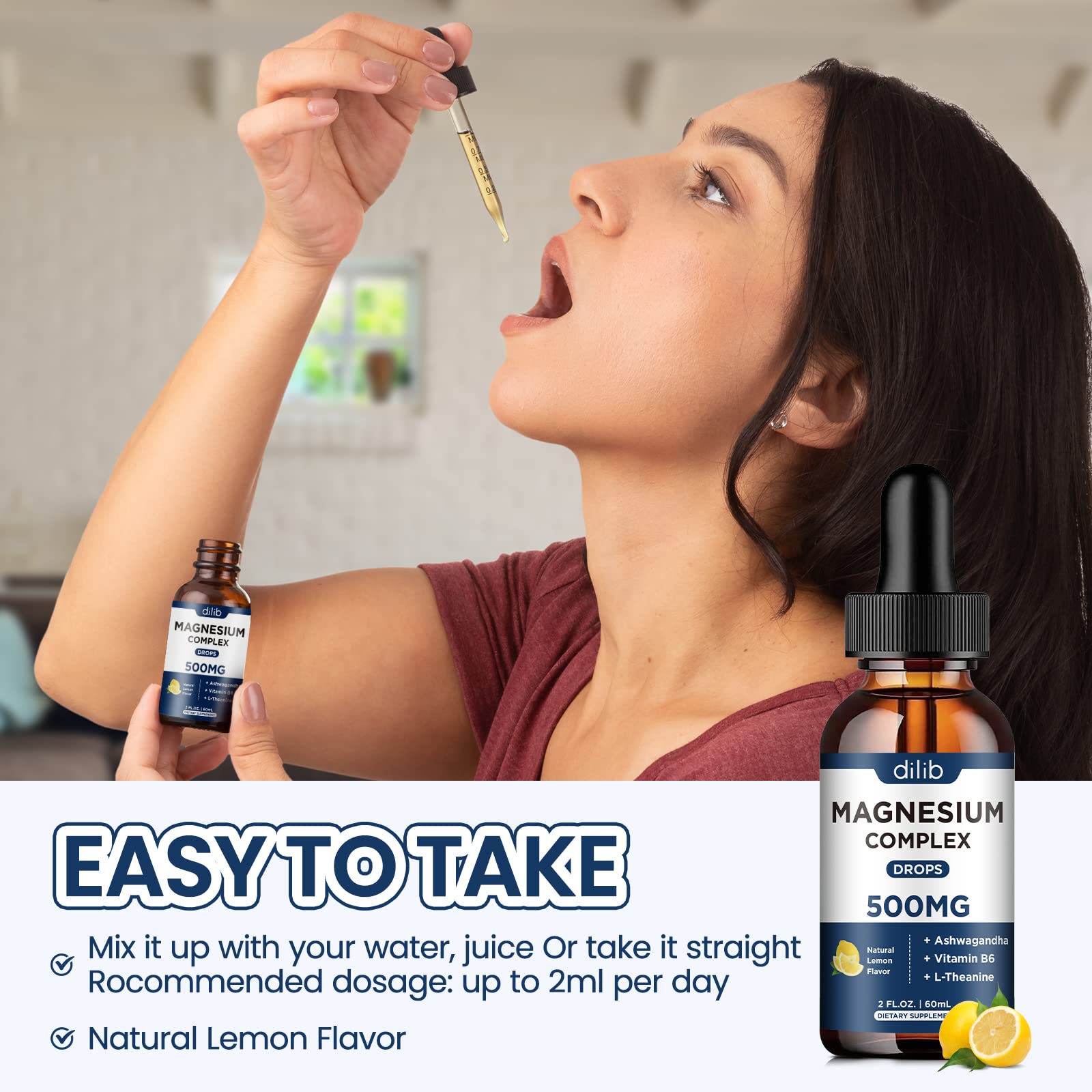 Magnesium Glycinate Liquid Drops, Triple Magnesium Complex Supplement with Citrate, Malate 500mg Ashwagandha, L-Theanine, Vitamin B6 for Sleep, Calm, Stress Relief, Bone, Muscle, Mood - Lemon Flavor