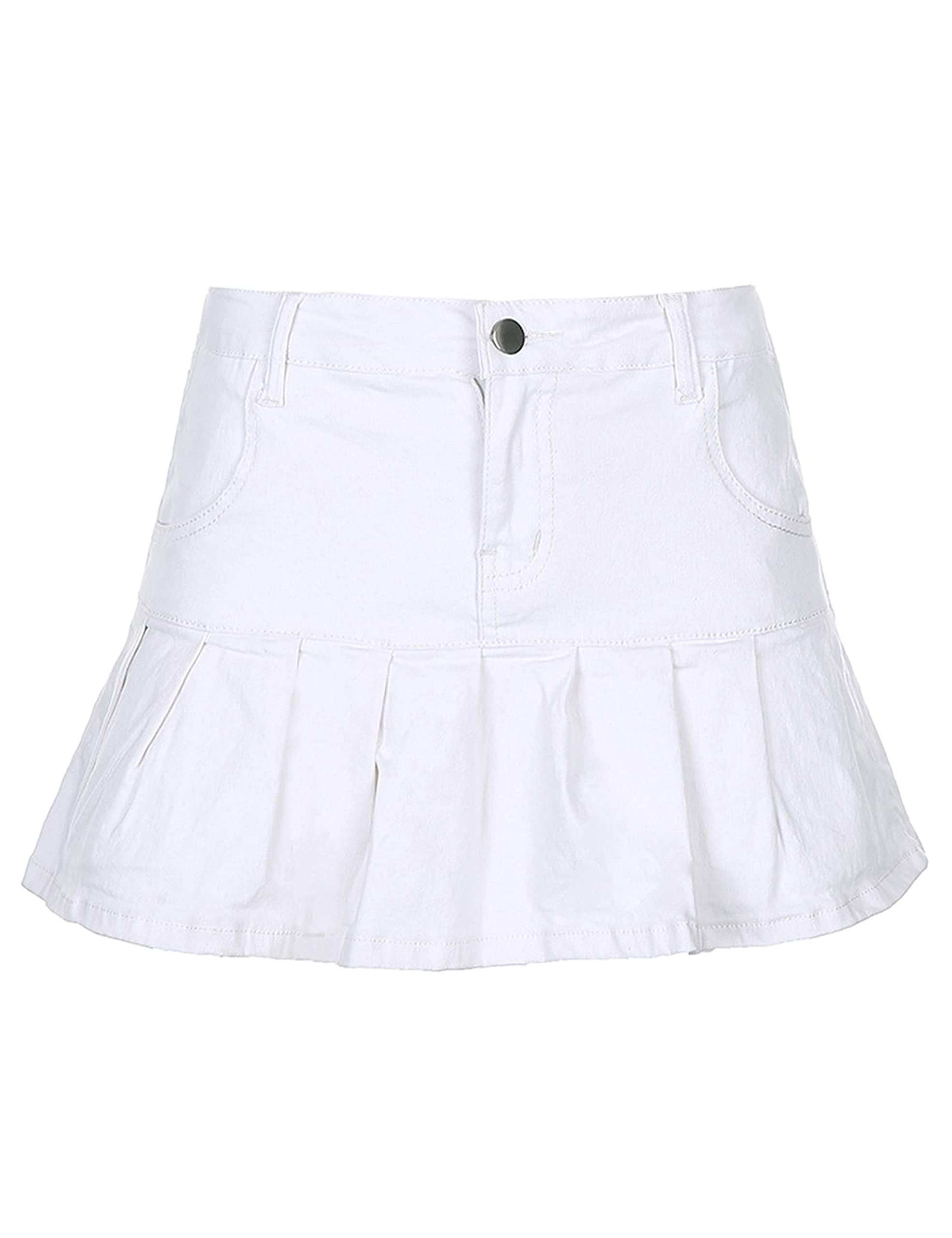 Yeokou Women's Casual Slim A-line Pleated Ruffle Short Mini Denim Skirts(ITE-M) White