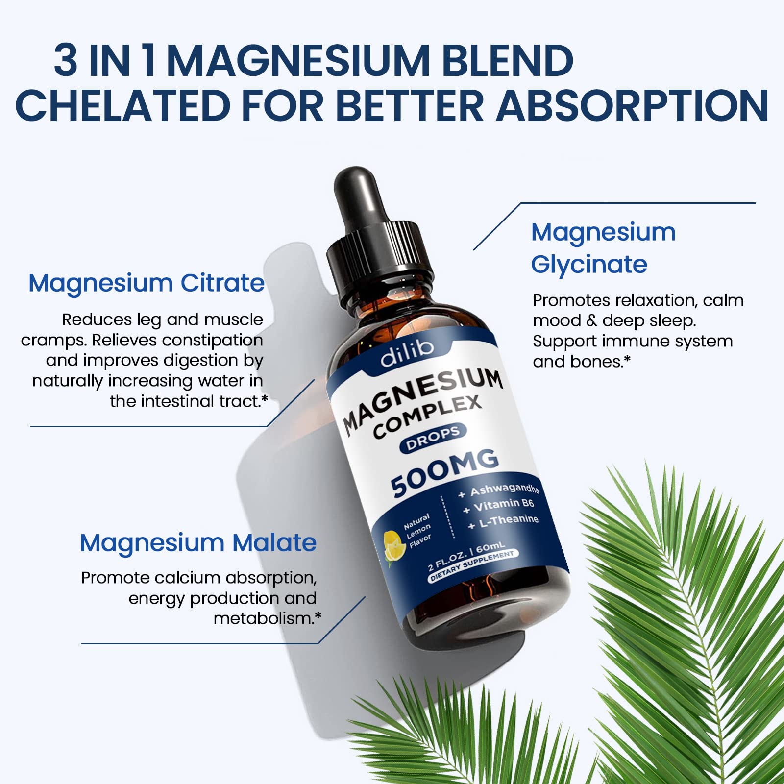 Magnesium Glycinate Liquid Drops, Triple Magnesium Complex Supplement with Citrate, Malate 500mg Ashwagandha, L-Theanine, Vitamin B6 for Sleep, Calm, Stress Relief, Bone, Muscle, Mood - Lemon Flavor