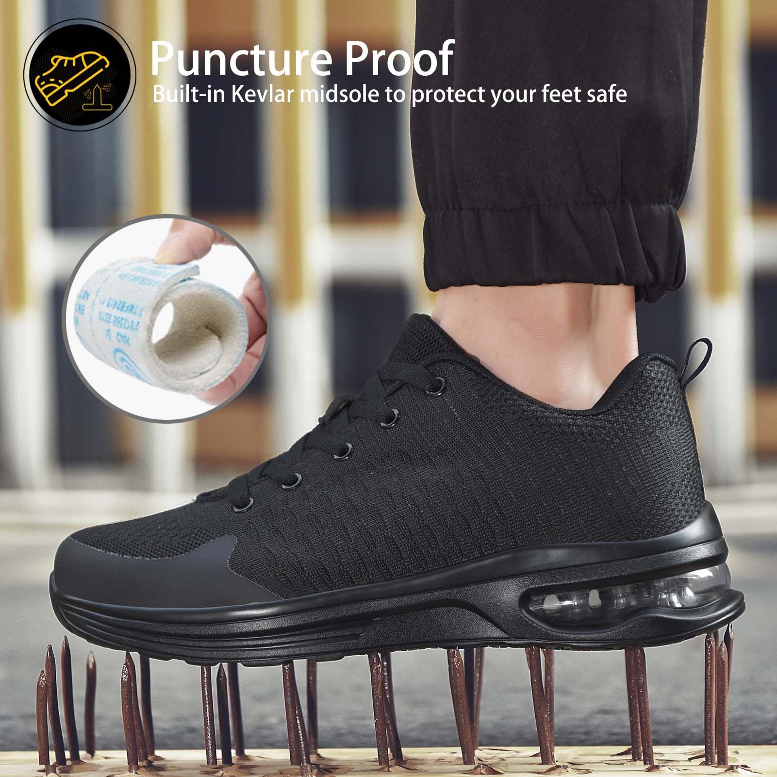LUPWEE Steel Toe Shoes for Men Slip Resistant Safety Work Shoes Puncture Proof Comfortable Indestructible Sneakers with Specialized Work Insole for Industry Construction Warehouse Black M10.5