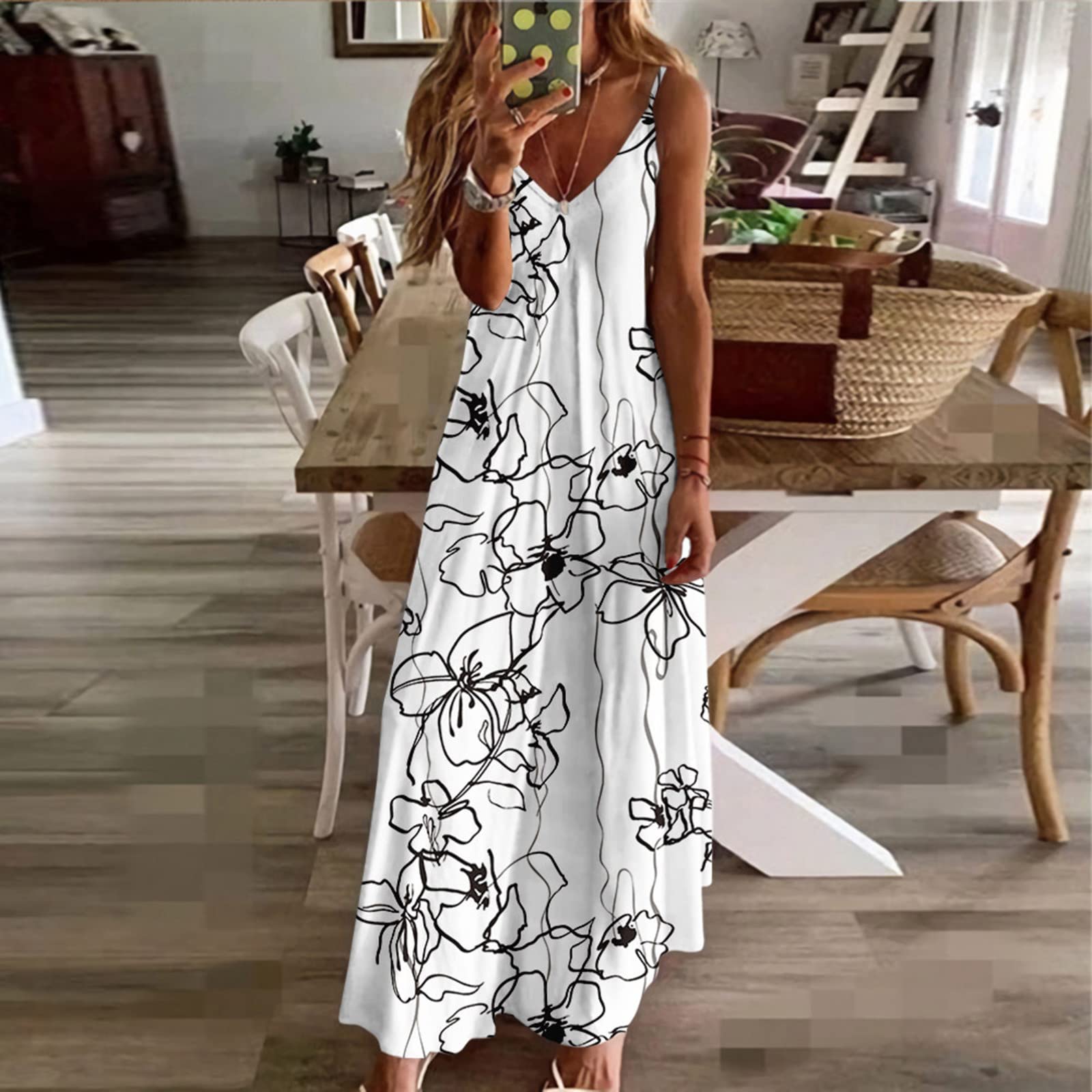 Ceboyel Women Floral Spaghetti Strap Sundress Casual Summer Long Maxi Dress Vneck Sexy Boho Dresses Trendy Beach Clothes 2023