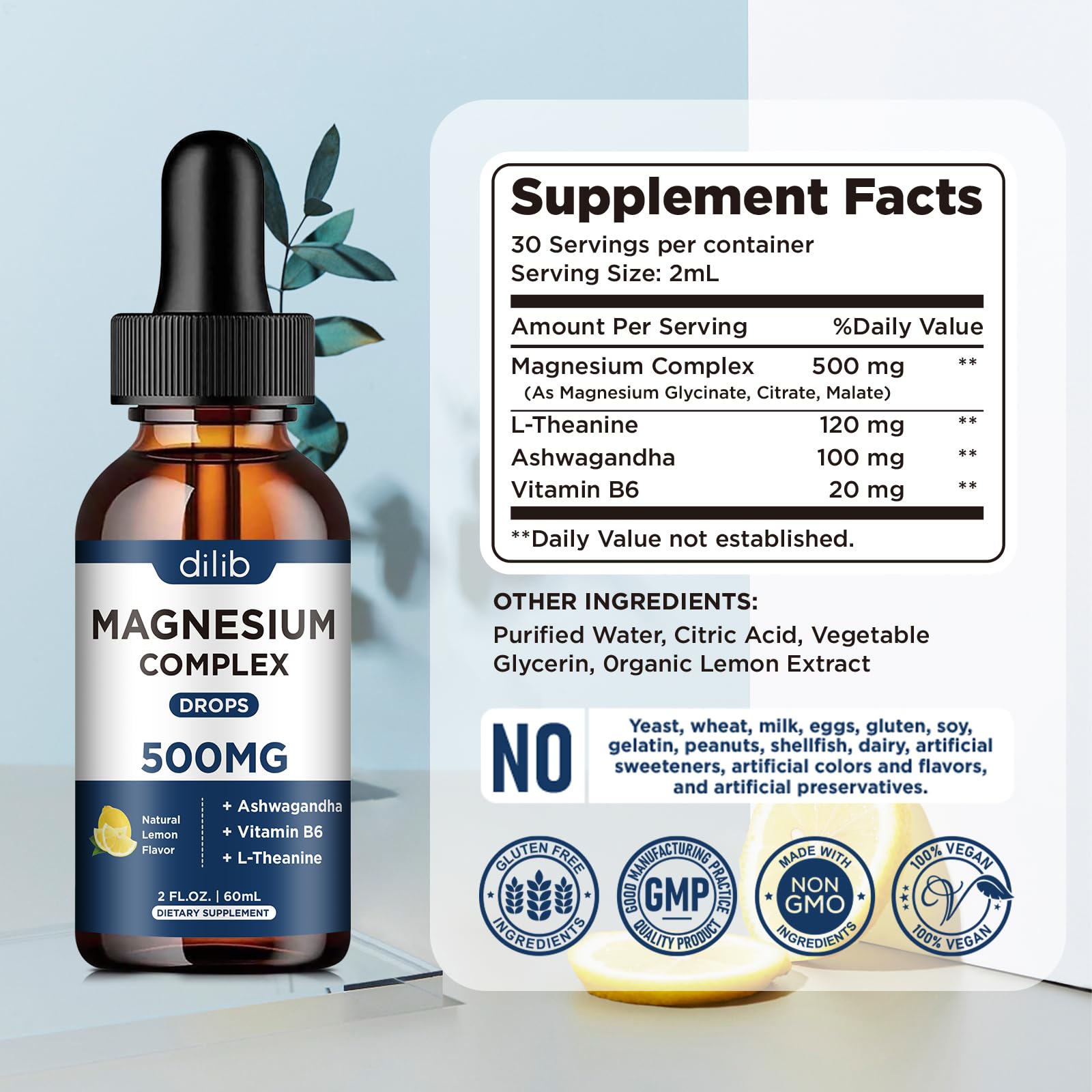 Magnesium Glycinate Liquid Drops, Triple Magnesium Complex Supplement with Citrate, Malate 500mg Ashwagandha, L-Theanine, Vitamin B6 for Sleep, Calm, Stress Relief, Bone, Muscle, Mood - Lemon Flavor
