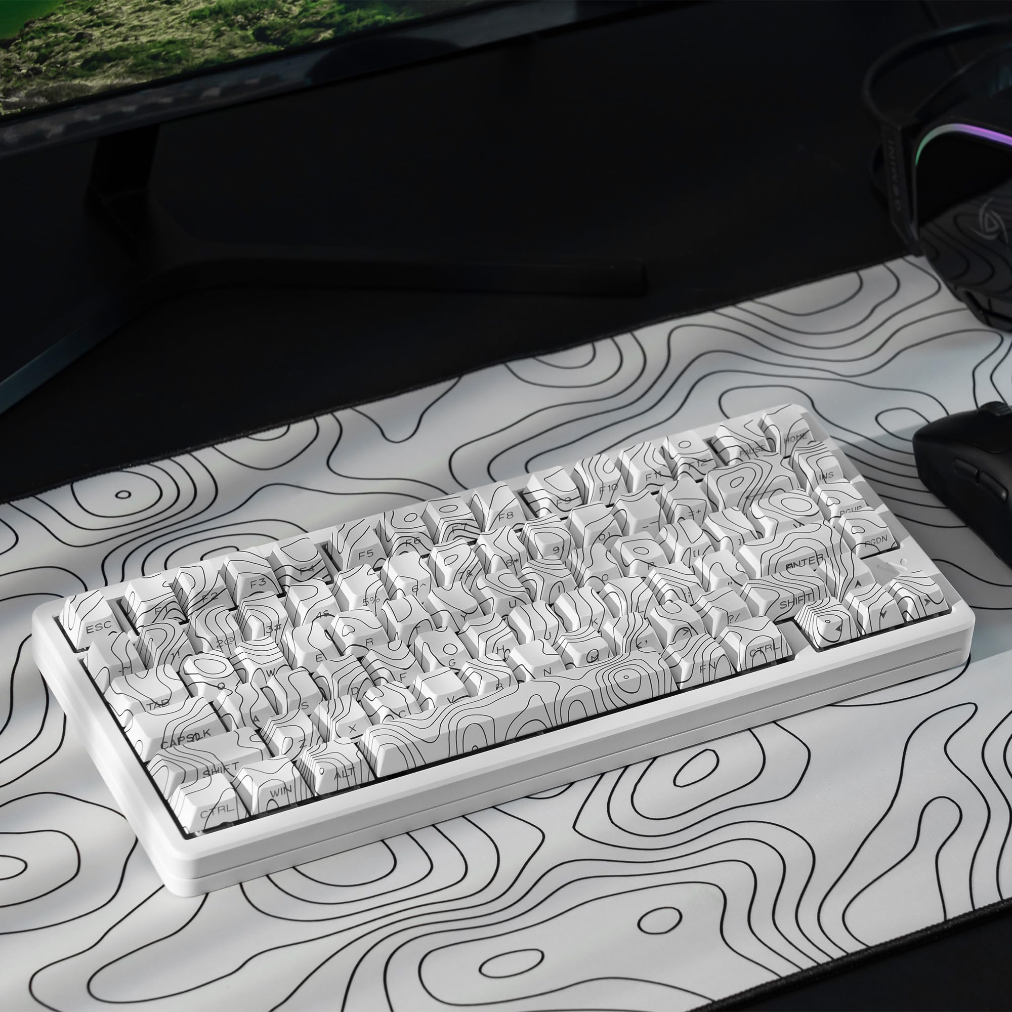 dagaladoo White Topographic keycaps Double Shot PBT keycaps Shine Through Keyboard Keys Side Printed Key caps Cherry Profile Custom keycap Set for100%, 75%, 65%, 60% US Layout Mechanical Keyboard